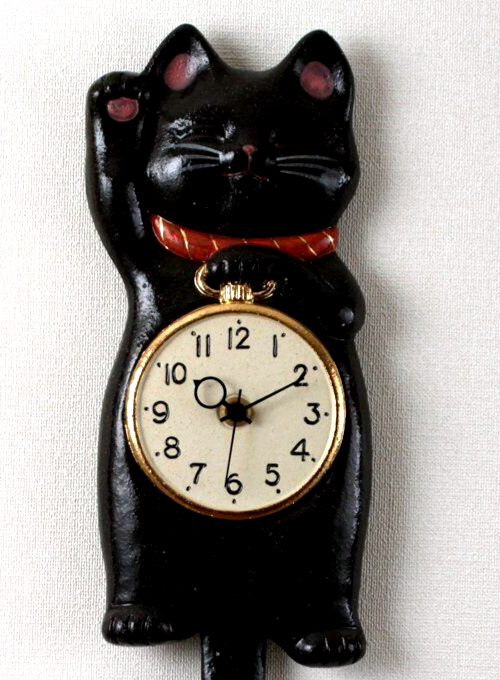 Japanese Black Lucky Cat Manekineko Wall Pendulum Clock Pottery SETO ...