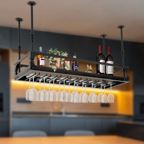 Vintage Bar Floating Shelf Ceiling-mount Wine Bottle Champagne Glass ...