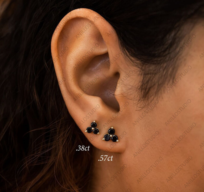 Natural Black Diamond Cartilage Earring, Mini Trio Cluster Stud Earring ...