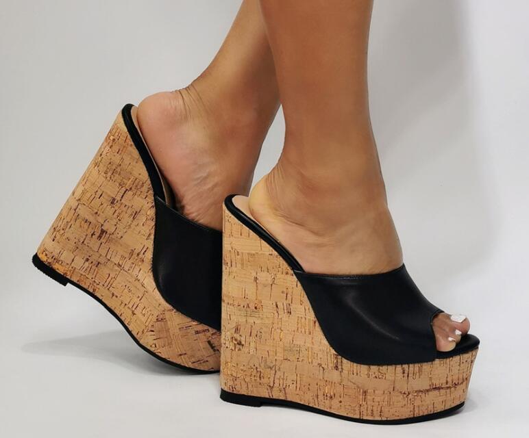 Womens Fashion Summer Peep Toe Slippers Wedge High Heels Platform Shoes ...