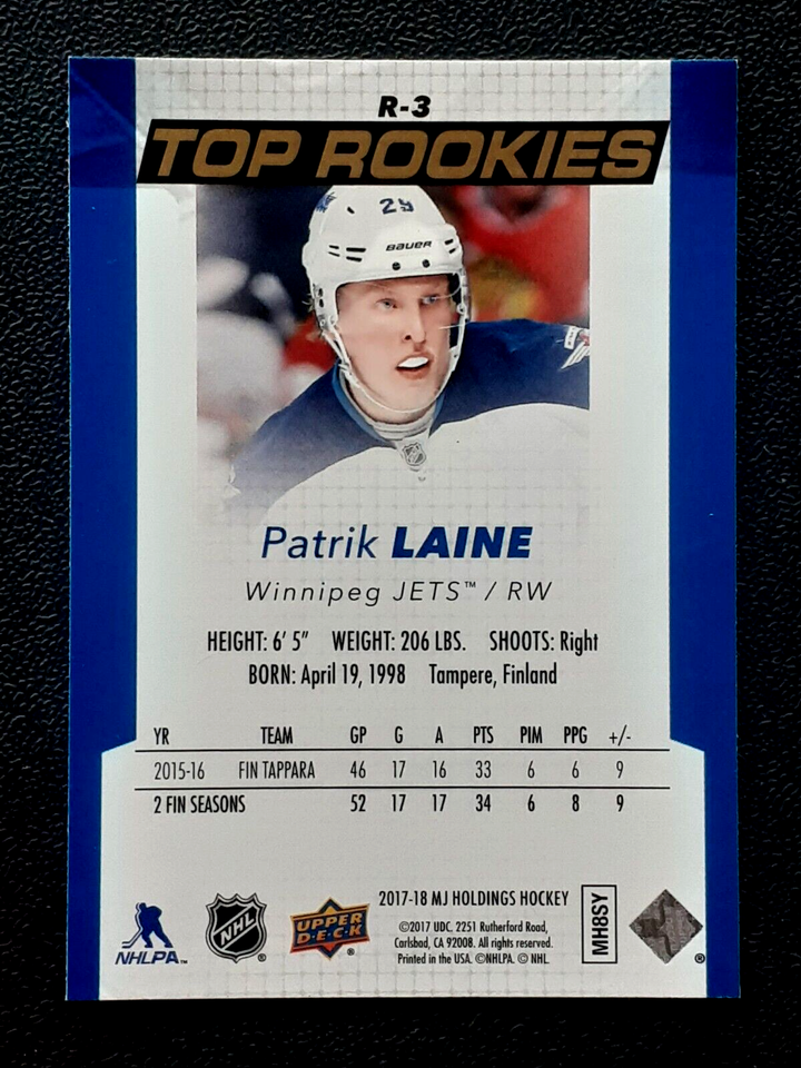 PATRIK LAINE 2017-18 UPPER DECK MJ HOLDINGS TOP ROOKIES GOLD 17-18 NO R ...