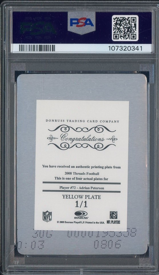 PSA Authentic Adrian Peterson 2008 Donruss Threads PRINTING PLATE POP 1 ...