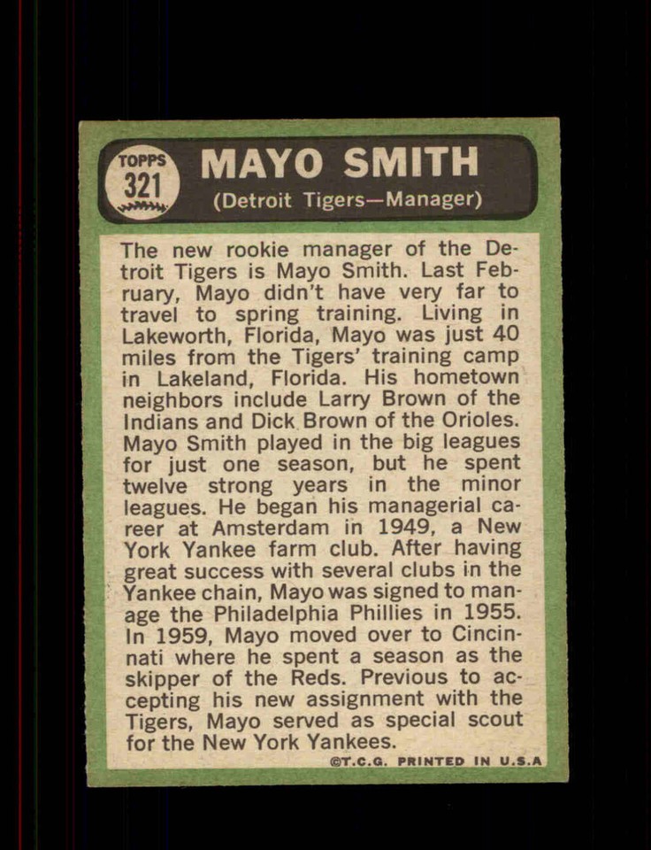 1967 MAYO SMITH TOPPS #321 TIGERS *G6392 | eBay