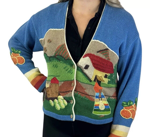 Vintage Sweater Cardigan 80s Colorful Knit Size M Embroidered Landscape ...