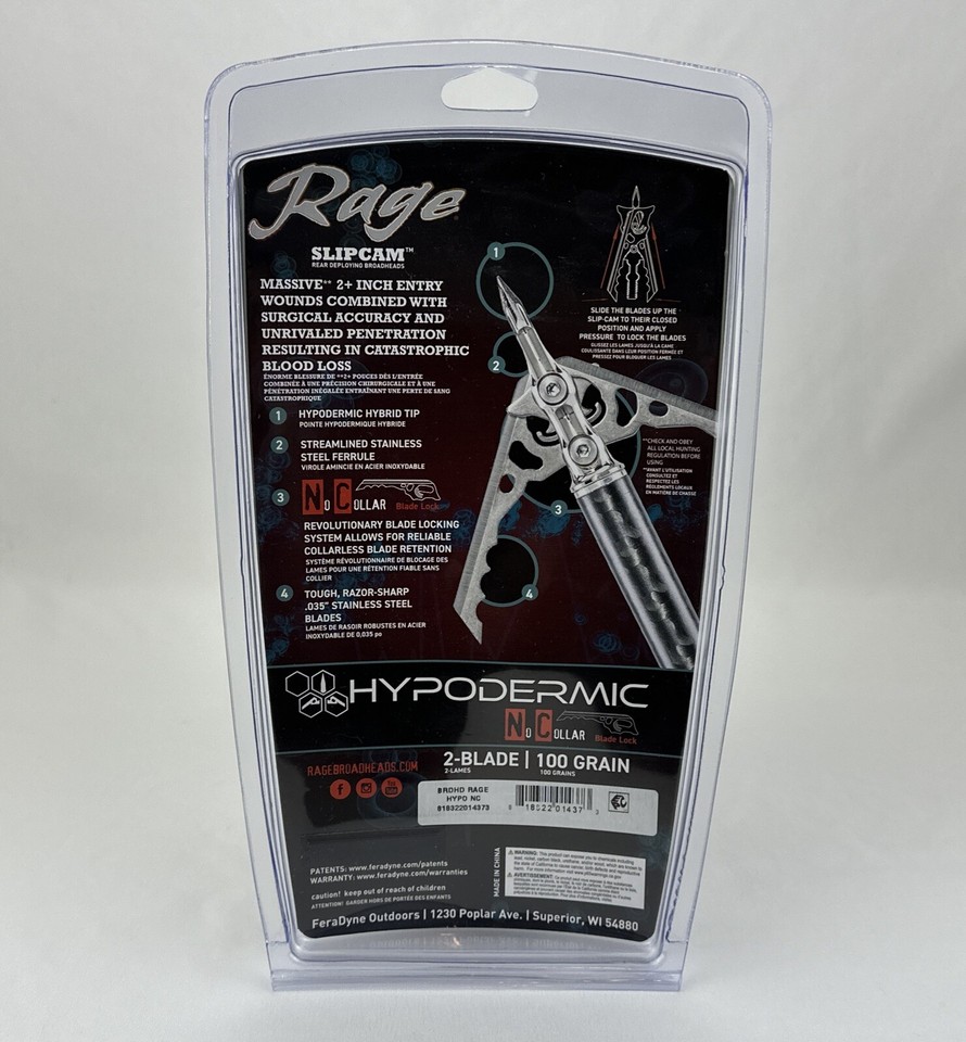 Rage Hypodermic No Collar 100 Grain Expandable Broadhead - Silver ...