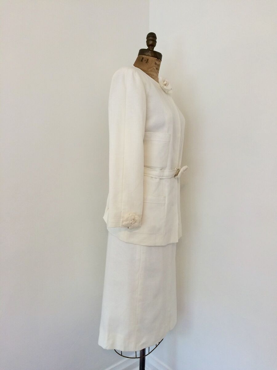 Chanel Vintage 1980's Skirt Suit White Cotton with 3 Iconic Chanel Vintage 1980's Skirt Suit White Cotton with 3 Iconic