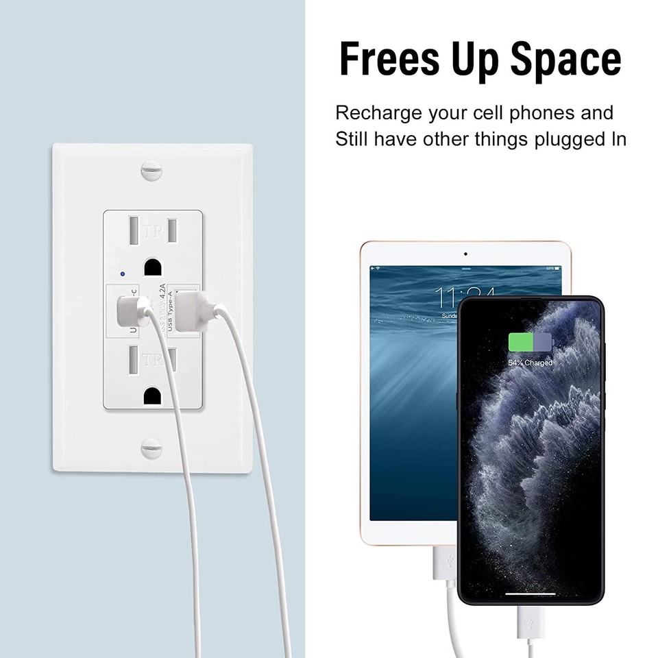 110V Dual USB Port Type C Wall Socket Charger AC Power Receptacle ...