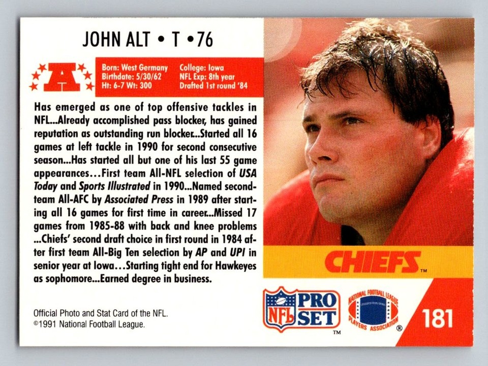 1991 Pro Set John Alt #181 Kansas City Chiefs | eBay