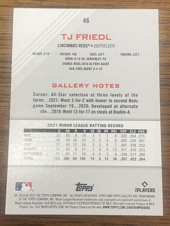 2022 Topps Gallery Rookie Card #46 TJ Friedl | eBay