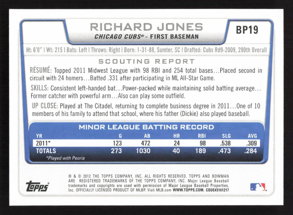 2012 Bowman Prospects #BP19 Richard Jones Chicago Cubs | eBay