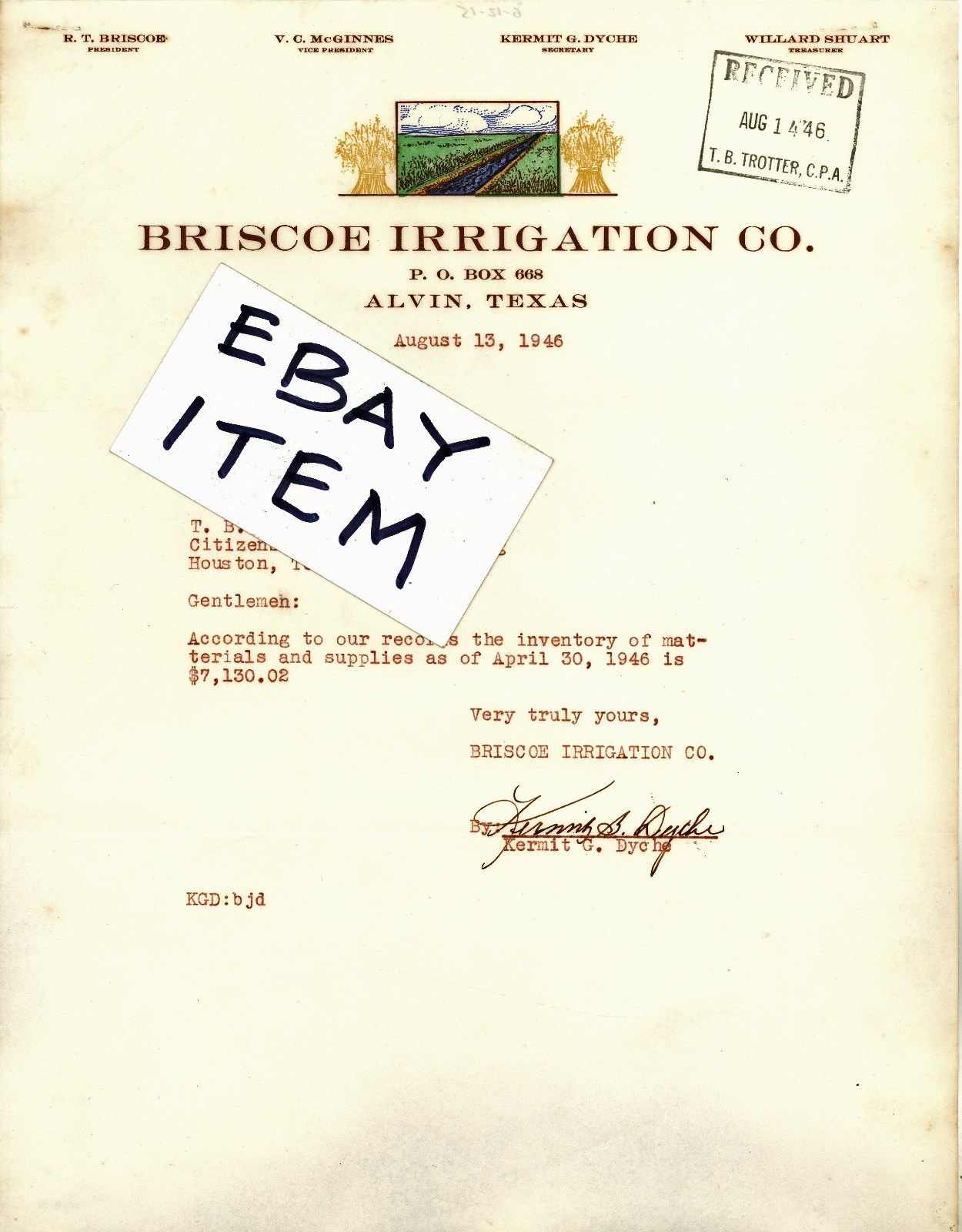 1946 LETTERHEAD Alvin Texas BRISCOE IRRIGATION McGinnes Dyche Shuart ...