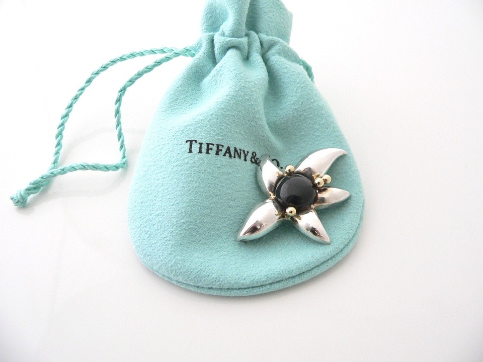 Tiffany & Co Onyx Flower Pin Silver 18K Brooch Gold Love Gift Pouch ...
