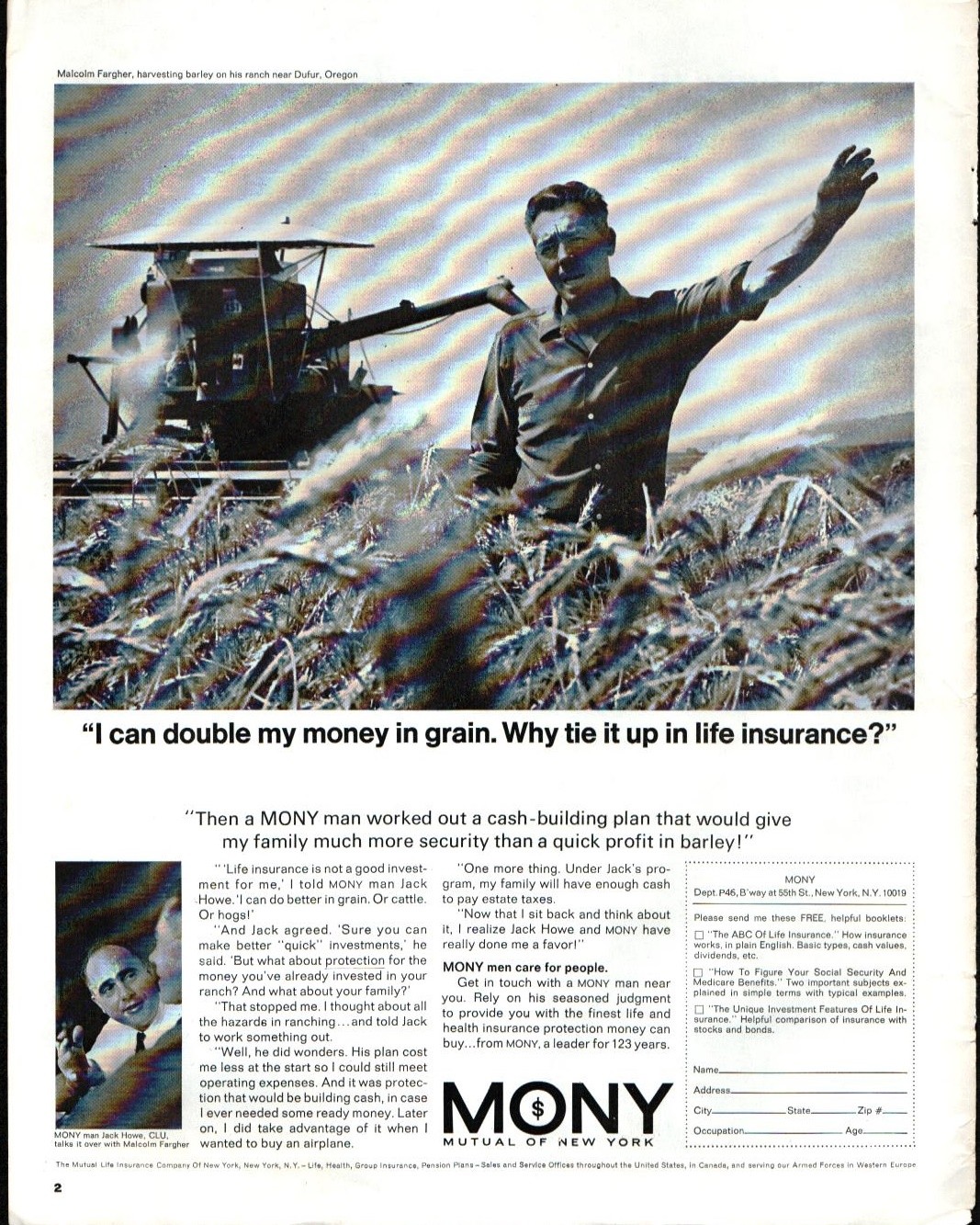 1966 MONY Mutual New York Insurance Grain Farmer Harvester Vintage ...