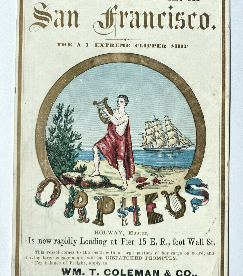 1860s Clipper Ship ORPHEUS Trade Card Colemans California Line 114 Days San Fran | eBay