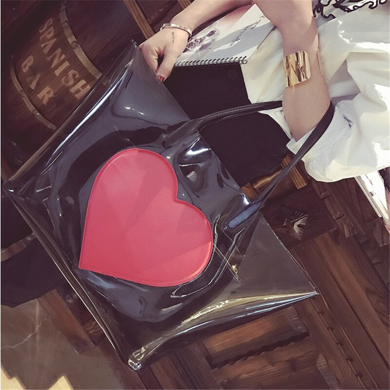 Women Red Heart Transparent Handbag PVC Waterproof Shopping Tote ...