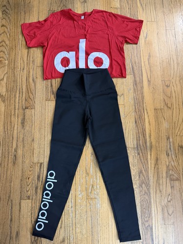 ALO Red Top & Black Leggings Set High Waist Short Sleeve Women’s ...