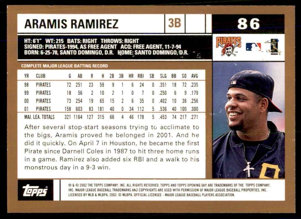 2002 TOPPS OPENING DAY ARAMIS RAMIREZ PITTSBURGH PIRATES #86 | eBay