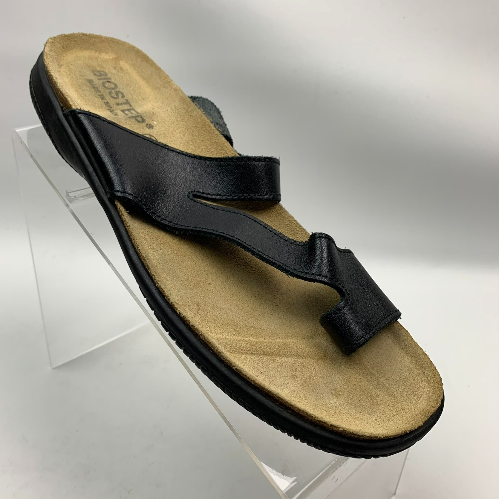 BioStep Sandals Black Leather Toe Loop Slide Flats Si… - Gem