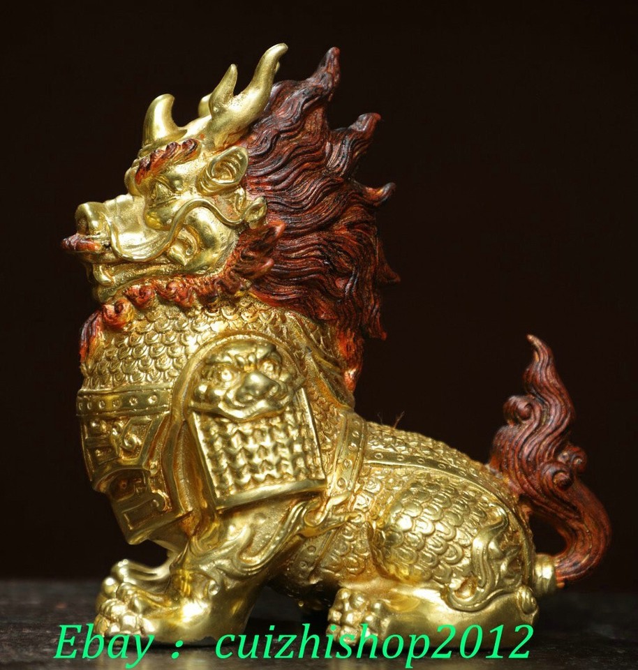 Old Dynasty Bronze Gilt Kylin Kirin Chi-Lin Kilin Qilin Unicorn Statue ...