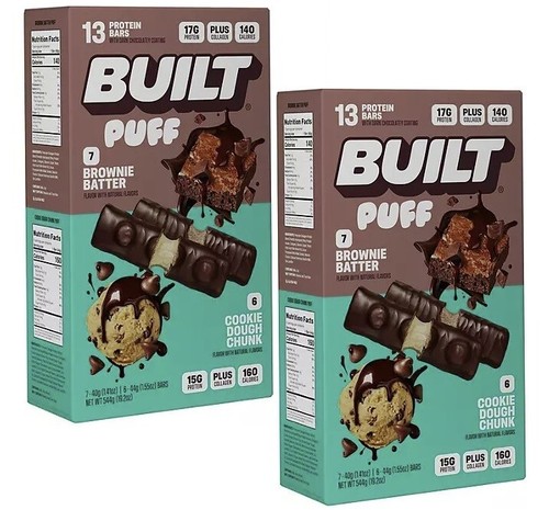 2 Packs BUILT PUFF Protein Bars Cookie Dough Chunk and Brownie Batter ...
