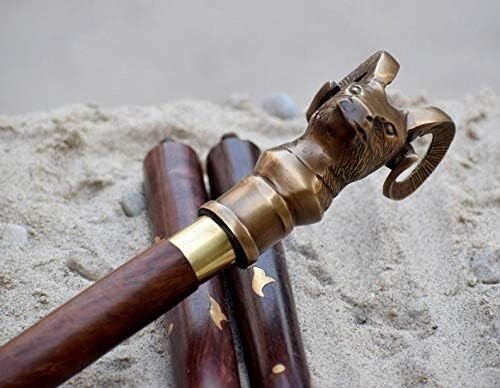 Medieval Solid Brass Mountain Goat Head Handle Designer Walking Cane ...