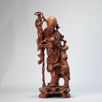 Antique Chinese Hand Carved Wood Scholars Root Statue of Shou Lao | eBay UK