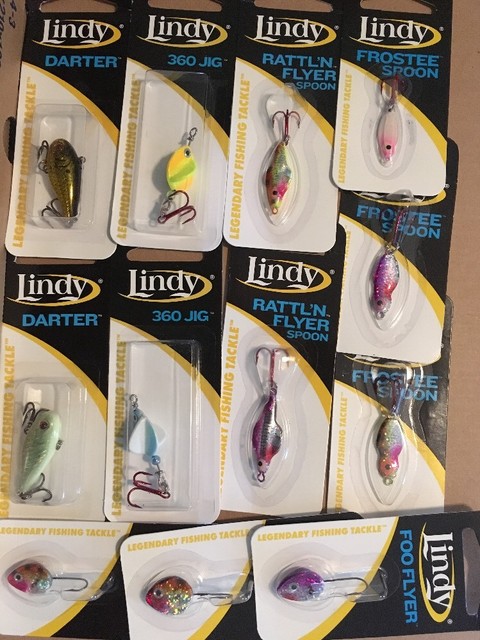 12pc Lindy Ice Jig Assortment Darter Rattln Flyer Frostee Spoon 360 Foo ...