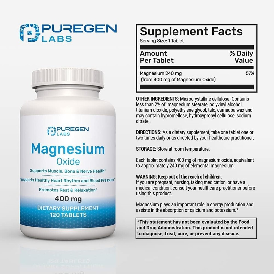 Puregen Magnesium Oxide 400mg High Potency Supplement 120 Tablets 3 ...