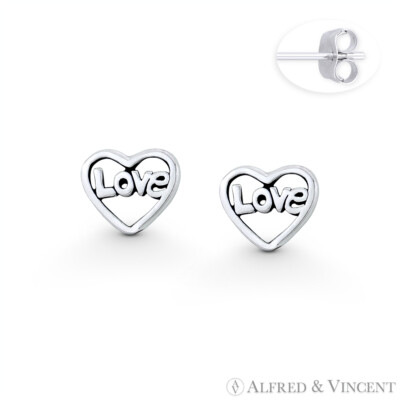 Heart & "Love" Word Script Charm Stud Earrings in Oxidized .925 ...
