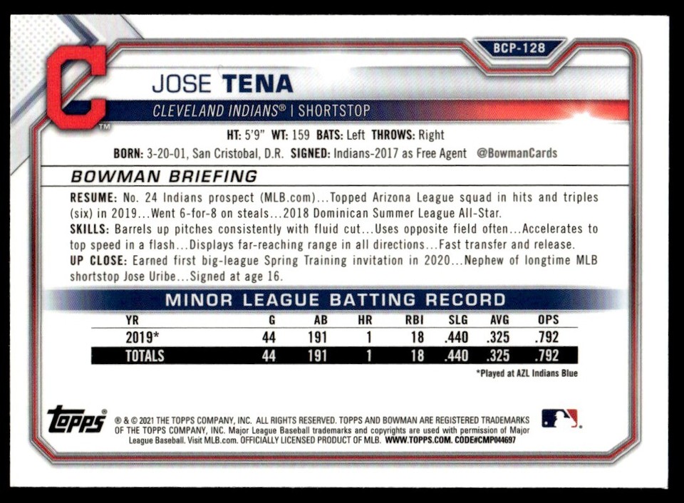 2021 Bowman Chrome Mega Mojo Jose Tena Rookie G28 Cleveland Indians # ...