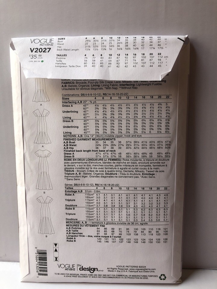 Vogue 2027 Lined Dress Pattern 2 LengthsTrumpet Bottom Misses Sizes 14 ...