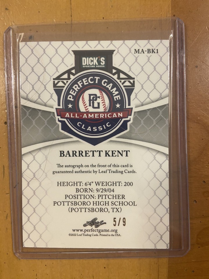 BARRETT KENT /9 AUTO SILVER WAVE 2022 Leaf Metal Perfect Game Baseball ...