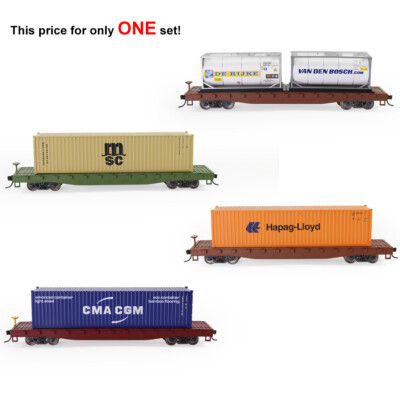 One Set HO Scale 1:87 52ft Flat Car with 40ft Shipping Cargo Container ...