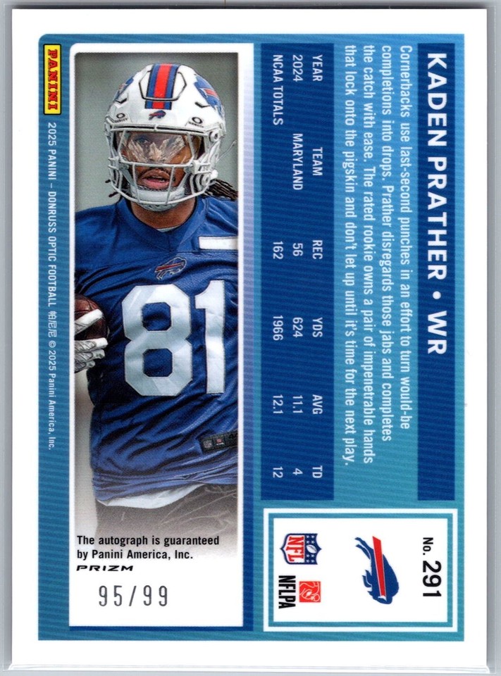 2025 Panini Optic Kaden Prather Rated Rookie Red Prizm Auto /99 Buffalo ...