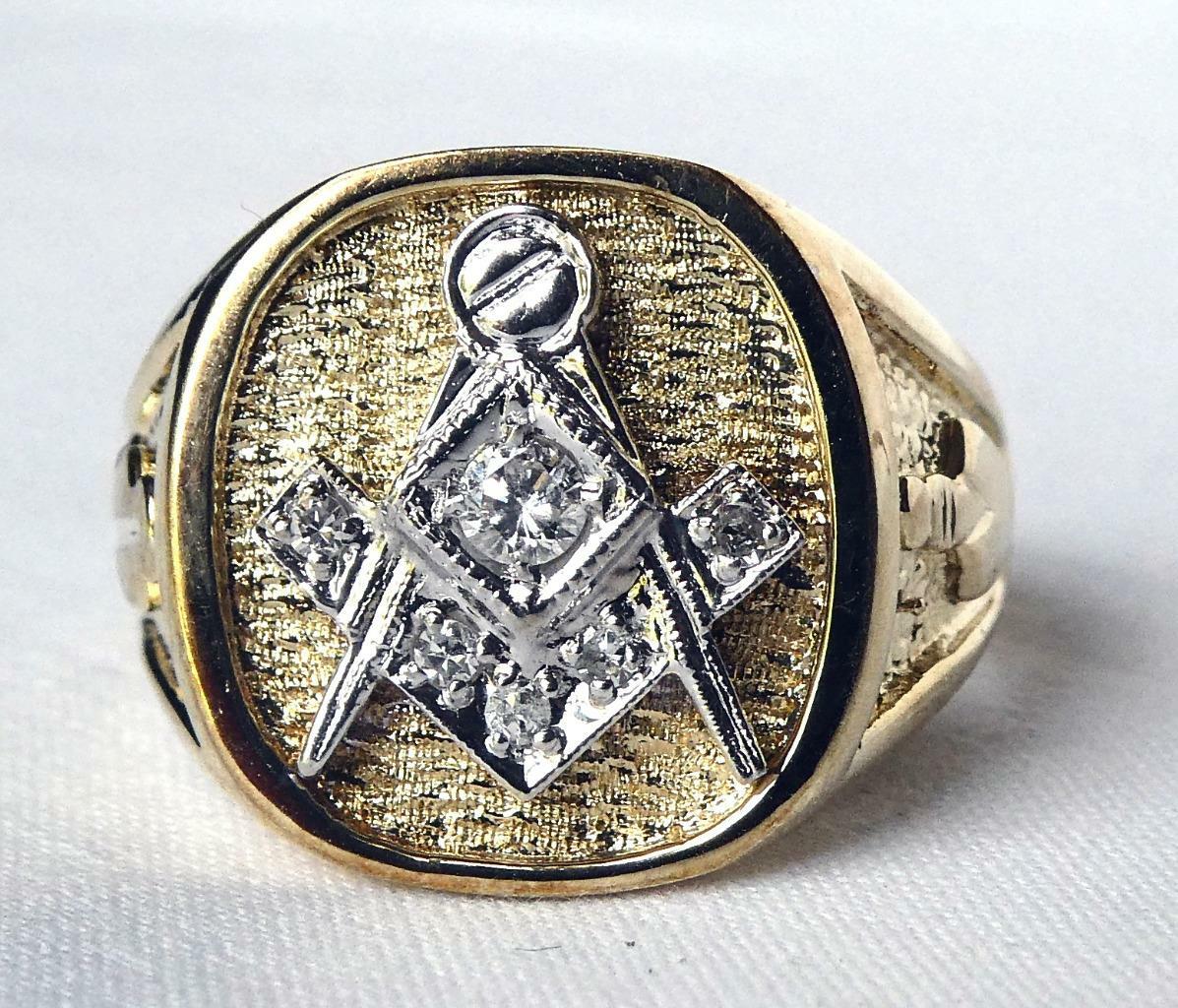 Heavy Vintage 14k Gold Diamond Masonic Freemason Ring New Old Stock Sz ...