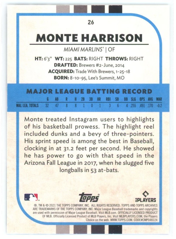 2021 Topps Archives Snapshots Black & White Monte Harrison RC Miami ...