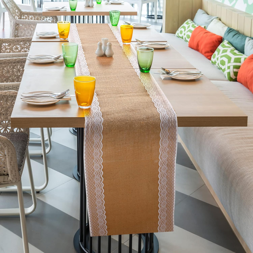 12 Pcs Burlap Table Runners 12 X 108 Inches White Lace Table Runner ...