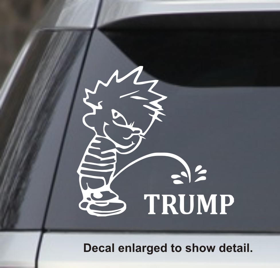 White 6" Calvin Peeing Piss Pissing On Trump President Sticker Decal ...