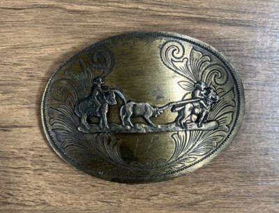 Vtg Cowboy Western Rodeo Belt Buckle Calf Roping Bronze Unknown age ...