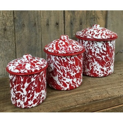 Primitive RED SPLATTER ENAMELWARE CANISTERS WHITE 3 pc New Farmhouse ...