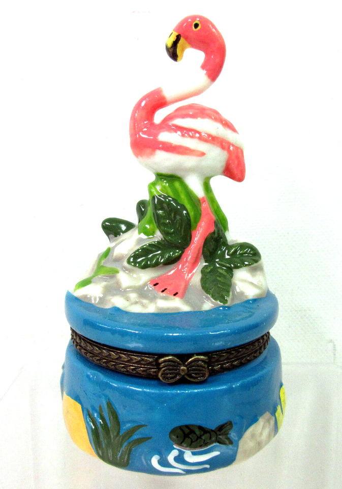 New Flamingo Hinged Trinket Box 2 Flamingos with Fish Inside 001.31A | eBay