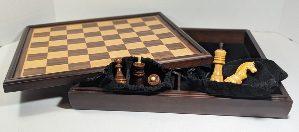 Chess Set, 14x14" hardwood board & box & 3.125" carved and laquered ...