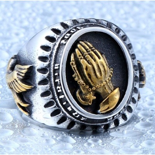 Vintage Lord's Prayer Praying Hands Ring Stainless Steel Cross Angels ...