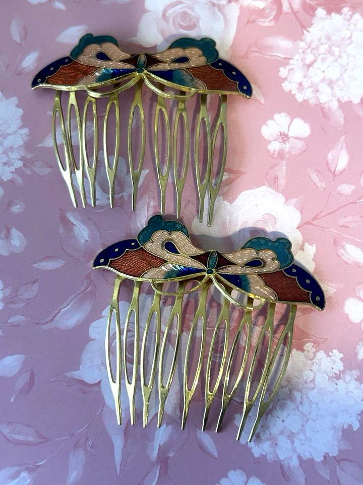 Set of 2 Vintage Cloisonné Gold Tone Hair Combs Enamel Butterfly Pre ...