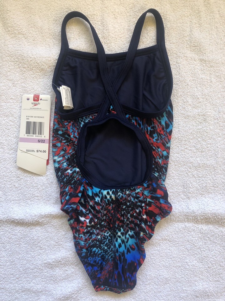 MSRP $74 Youth Girl Speedo Racing Suit Swimsuit Navy Red White Size 6/ ...