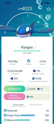 Kyogre LeveI 40 - 3 moveset Origin Pulse Master League PVP - Trade 20k ...