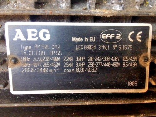 AEG Pump and Motor AM90LCA2 480V 2.5kW 2860-3440R/Min IP55 3 Phase ...