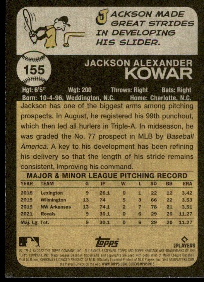 Jackson Kowar 2022 Topps Heritage Rookie Card RC !!!! #155 Kansas City ...