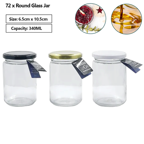 72 x Round Glass Jar 340ml Kitchen Food Spice Jam Lolly Storage Bottle ...
