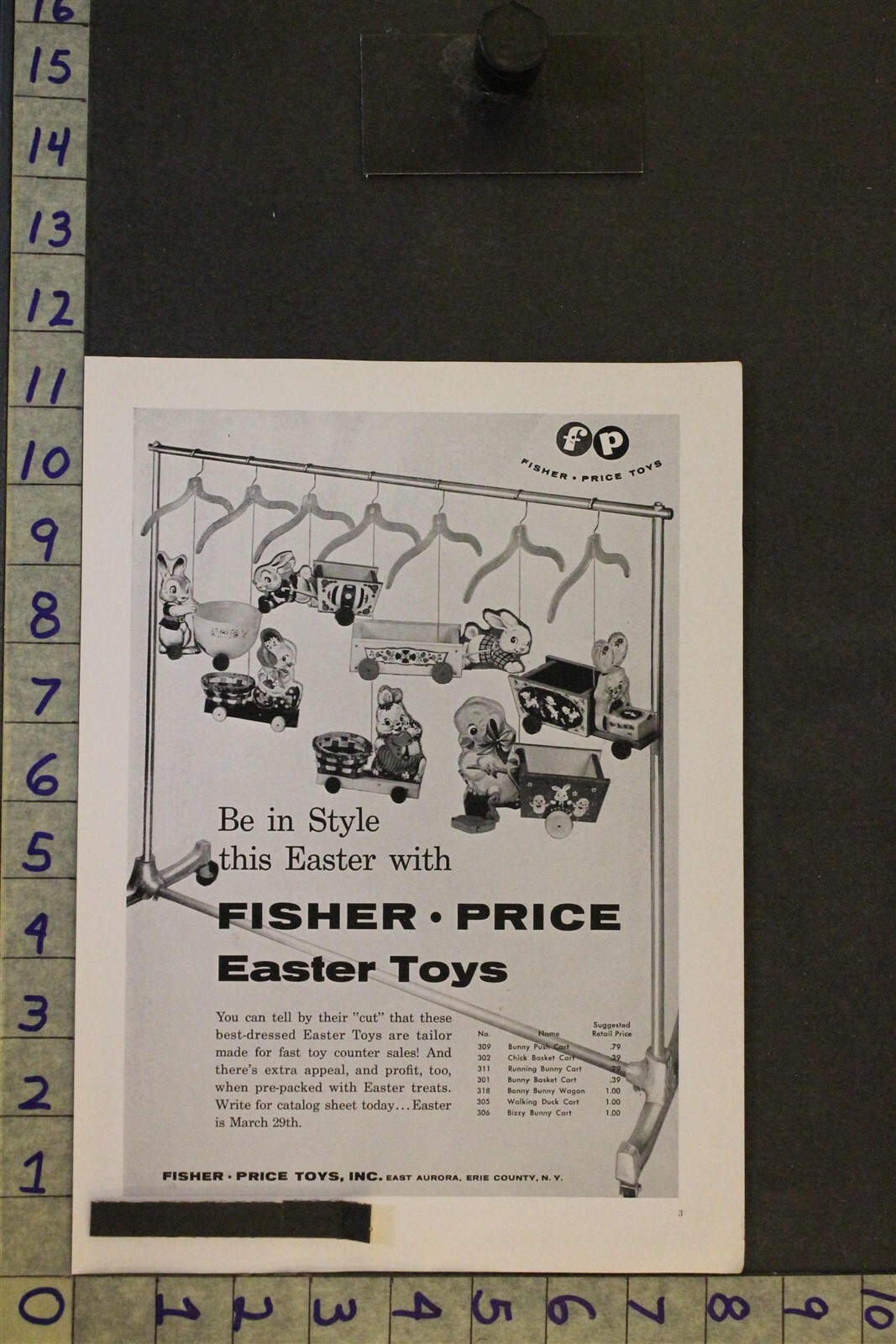 1958 TOY AD FISHER PRICE EASTER HOLIDAY BUNNY RABBIT CHICK BASK ERIE ...